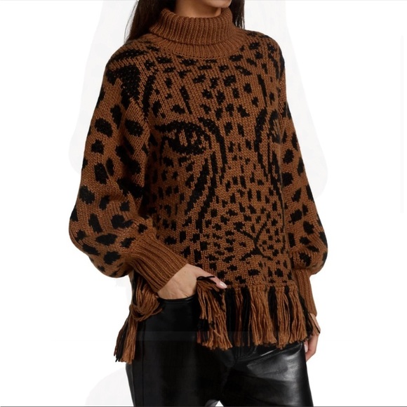 FARM Rio | Sweaters | Farm Rio Leopard Fringe Turtleneck Fringe Sweater ...